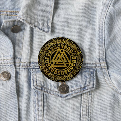 Gold Metallic Valknut Symbol on Celtic Pattern Pinback Button | Zazzle