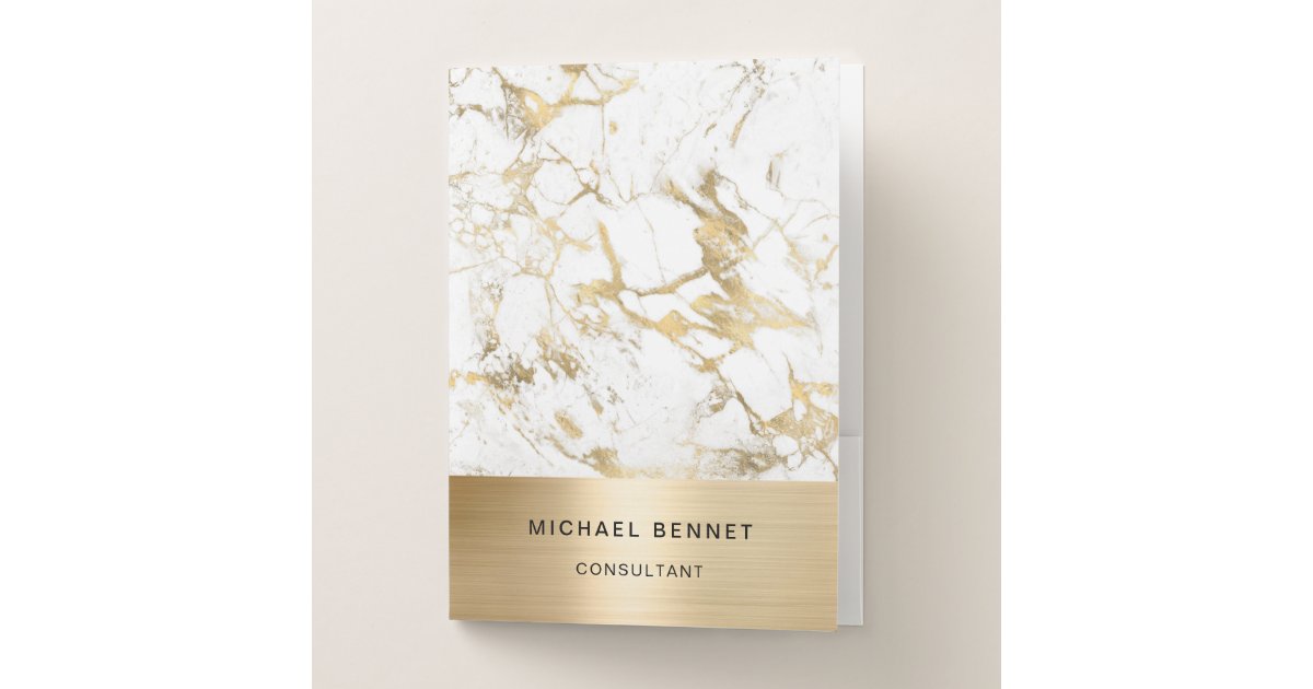 Gold Metallic White Marble Consultant Business Pocket Folder | Zazzle