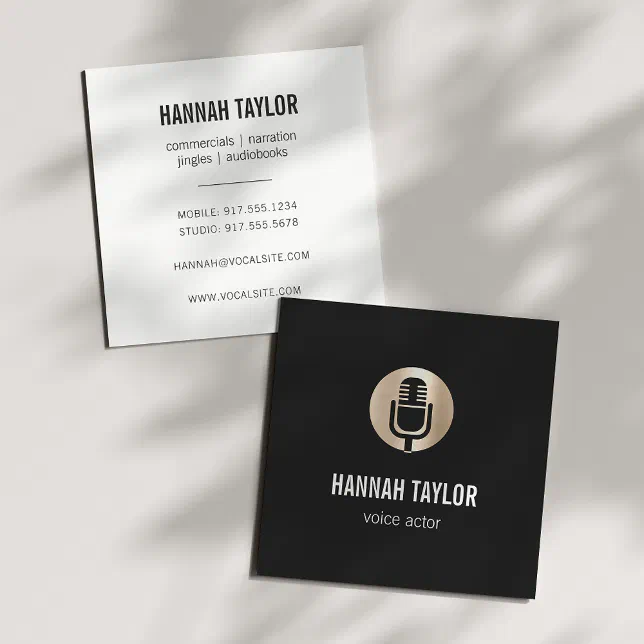 Gold Microphone Voice Actor Square Business Card | Zazzle
