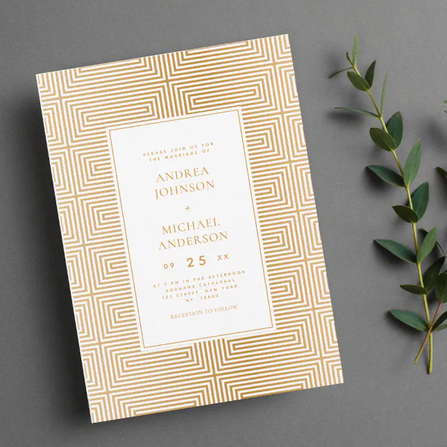 Gold Mid Century Mod Geometric Elegant Wedding Invitation | Zazzle