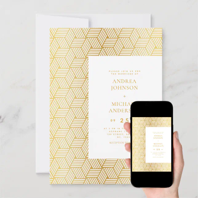 Gold Mid Century Mod Pattern Elegant Retro Wedding Invitation | Zazzle
