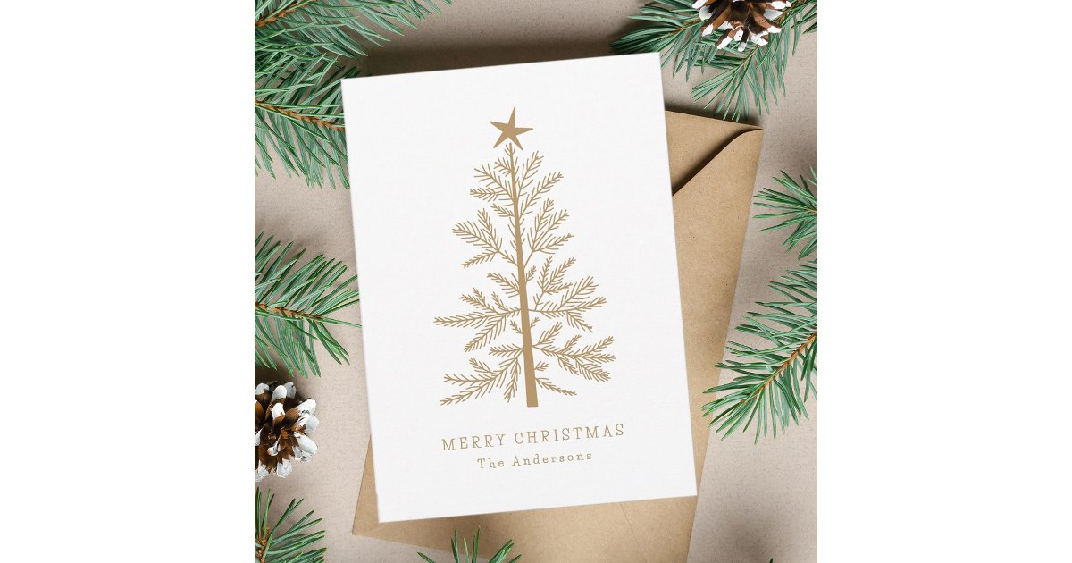 Gold Minimal Christmas Pine Tree Photo Holiday Card | Zazzle