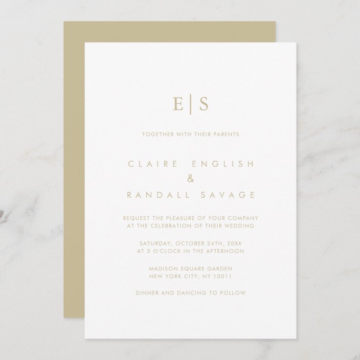 Gold Minimalist Last Name Initial Wedding Invitation | Zazzle