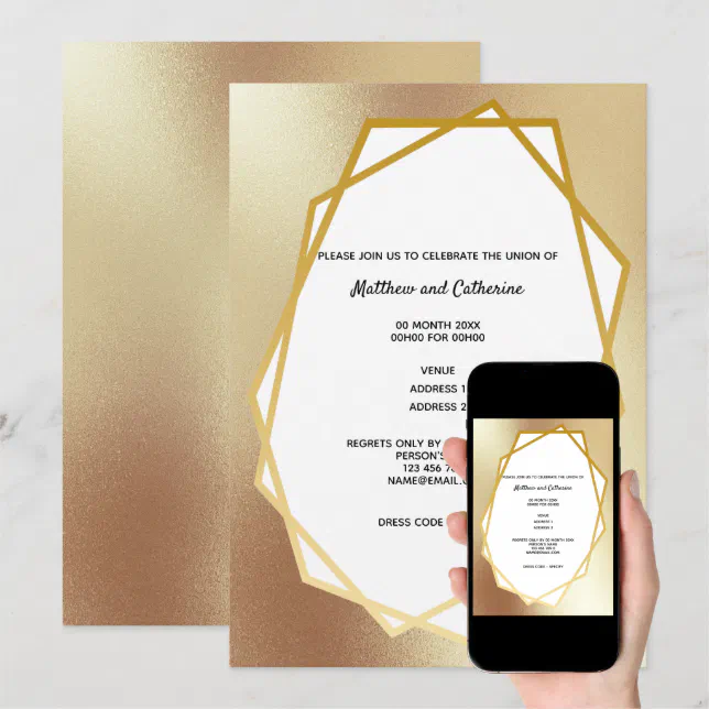 Gold minimalist plain geometric frame hexagonal invitation | Zazzle