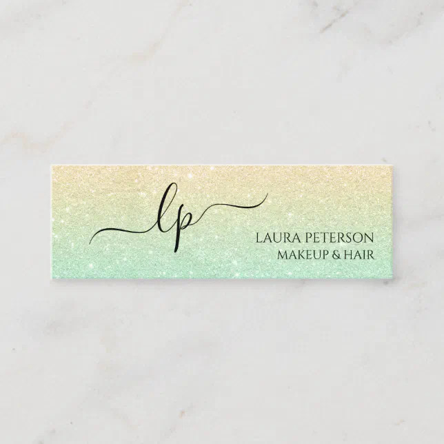 Gold mint glitter handwritten script calligraphy mini business card ...