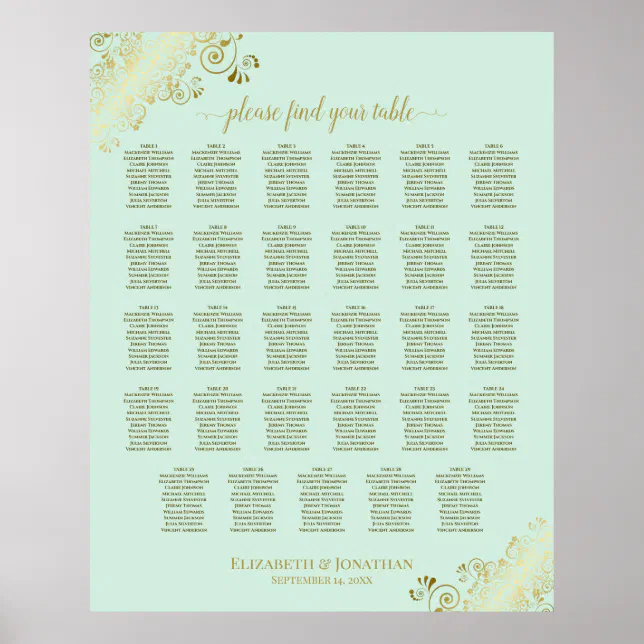 Gold & Mint Green 29 Table Wedding Seating Chart | Zazzle