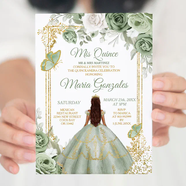 Gold Mis Quince Sage Green Floral Quinceañera Invitation | Zazzle