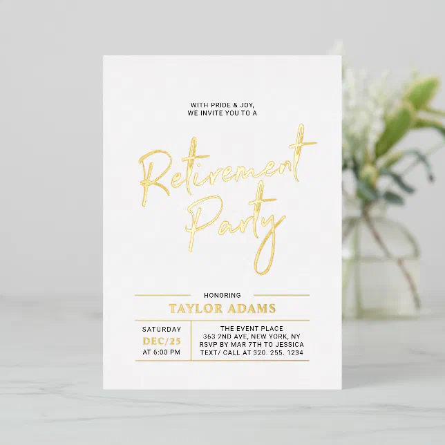 Gold Modern Brush Script Retirement Party Foil Invitation | Zazzle