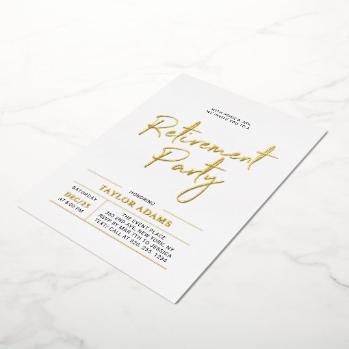 Gold Modern Brush Script Retirement Party Foil Invitation | Zazzle