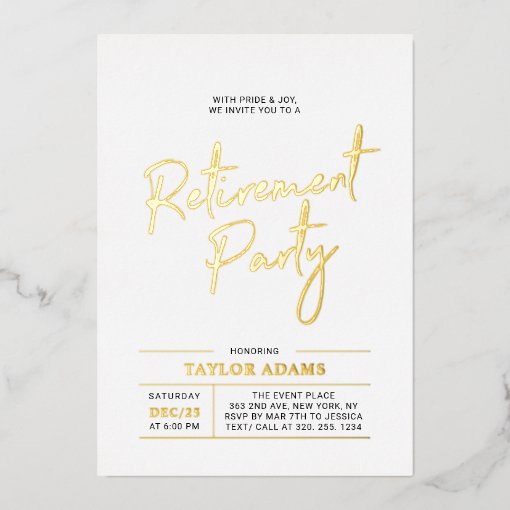 Gold Modern Brush Script Retirement Party Foil Invitation | Zazzle