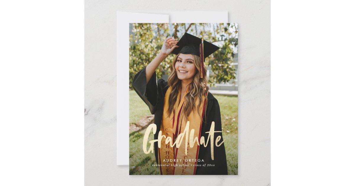 Gold Modern Calligraphy Photo Graduation Invitation | Zazzle
