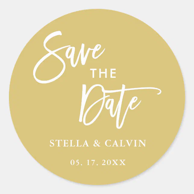 Gold Modern Calligraphy Wedding Save the Date Classic Round Sticker ...