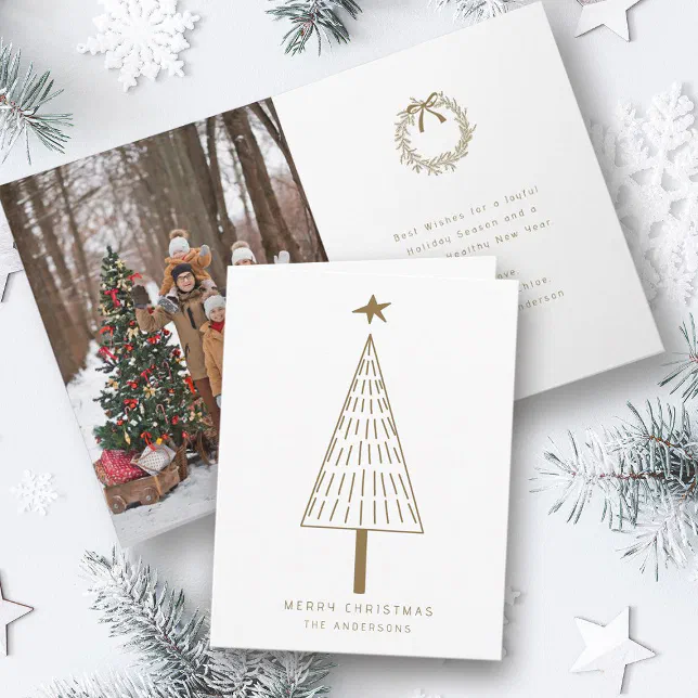 Gold Modern Christmas Pine Tree Photo Holiday Card | Zazzle