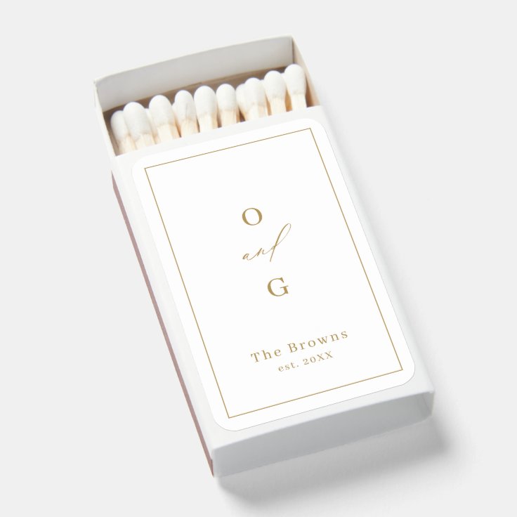 Gold modern couple monograms minimalist wedding matchboxes | Zazzle