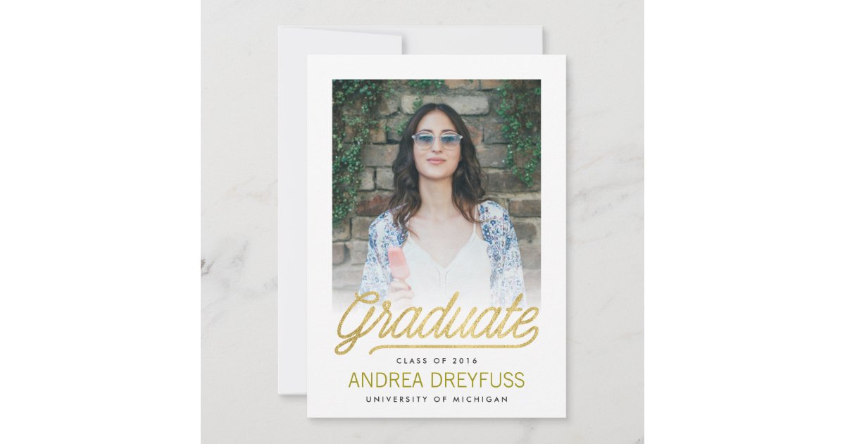 Gold Modern Script Photo Graduation Announcement | Zazzle
