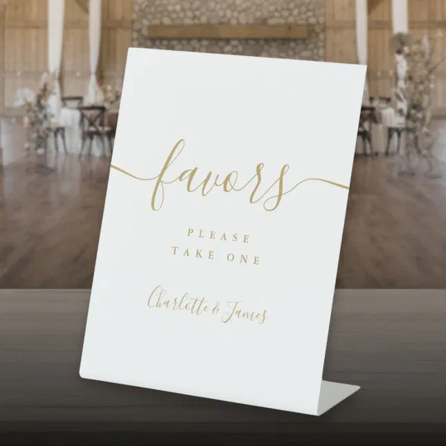 Gold Modern Script Wedding Favors Table Pedestal Sign | Zazzle