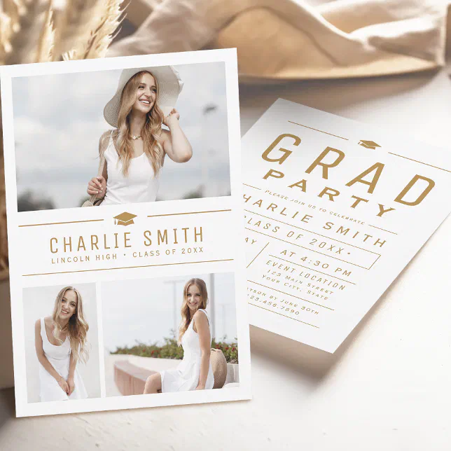 Gold Modern Typography 3 Photo Graduation Party Invitation | Zazzle