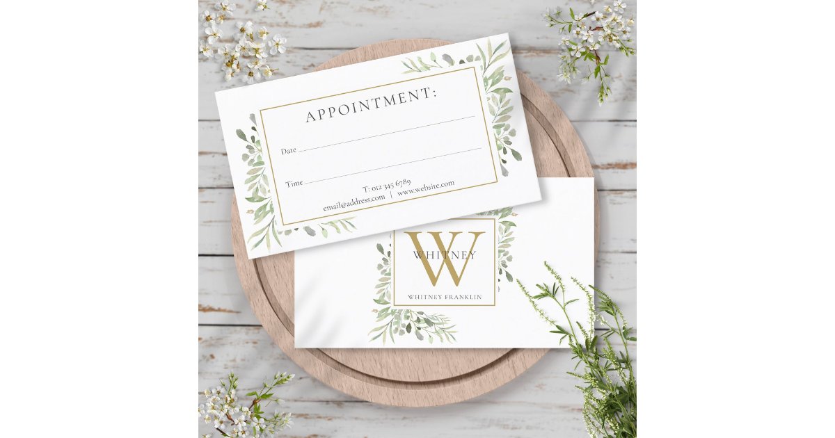 Gold Monogram Greenery Appointment Card | Zazzle