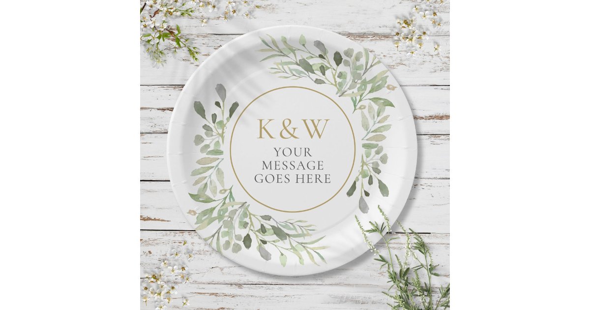 Gold Monogram Greenery Party Celebration Paper Plates | Zazzle