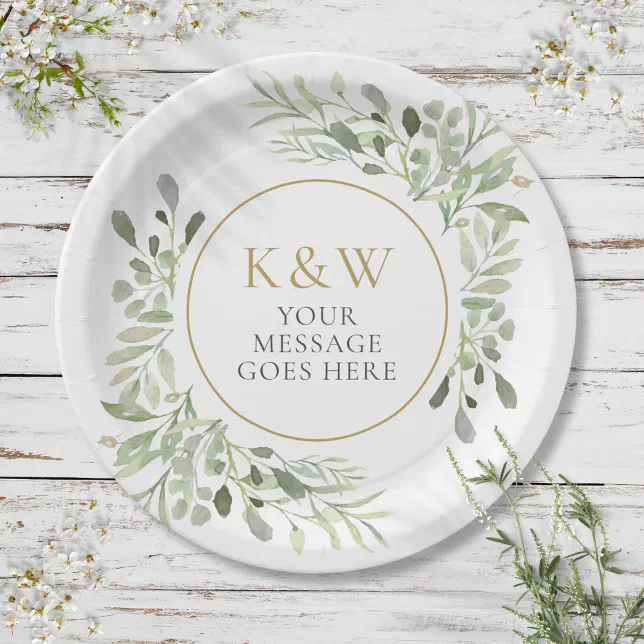 Gold Monogram Greenery Party Celebration Paper Plates | Zazzle