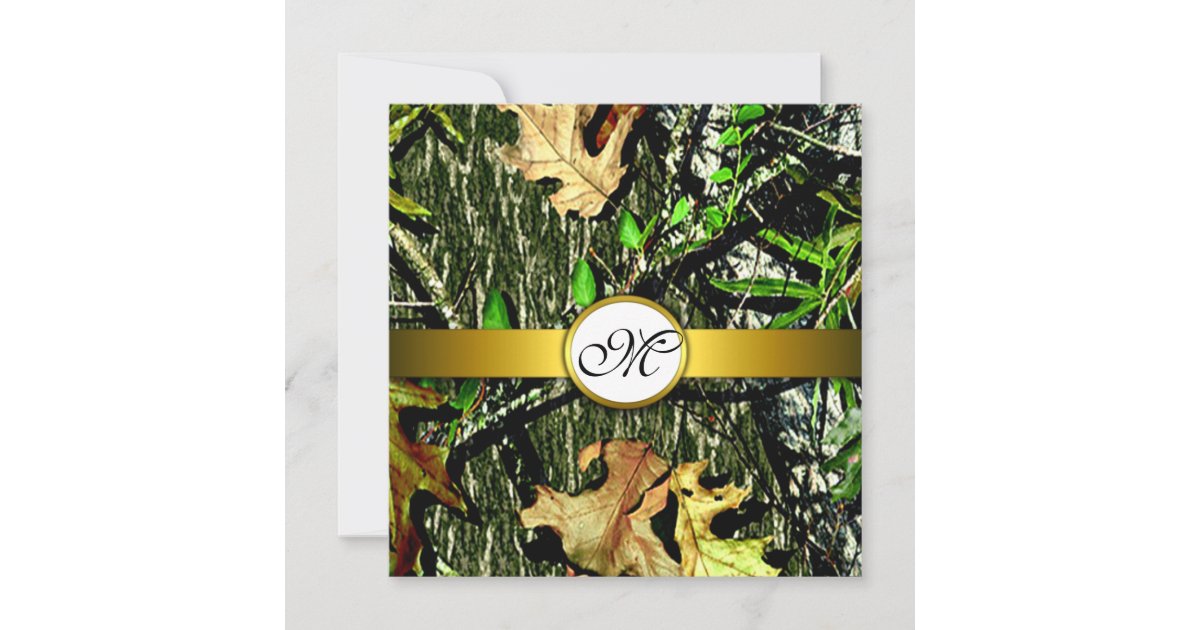 Gold Monogram Hunting Camo Wedding Invitations | Zazzle
