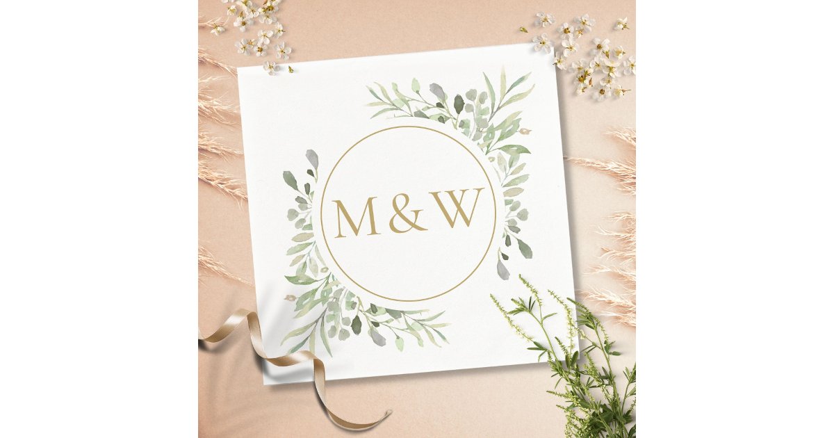 Gold Monogram Initials Greenery Watercolor Foliage Napkins | Zazzle