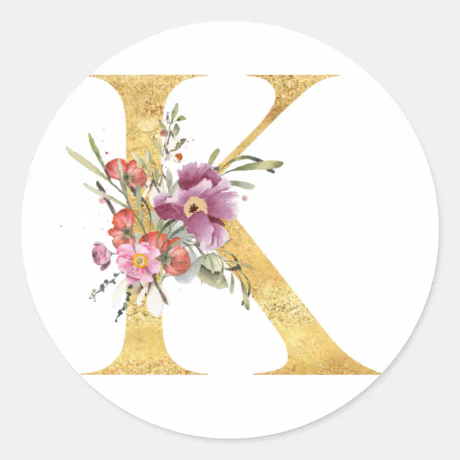 Gold MONOGRAM letter K with flowers Classic Round Sticker | Zazzle