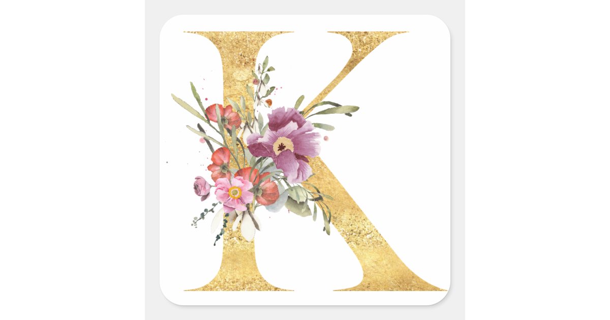 Gold MONOGRAM letter K with flowers Square Sticker | Zazzle