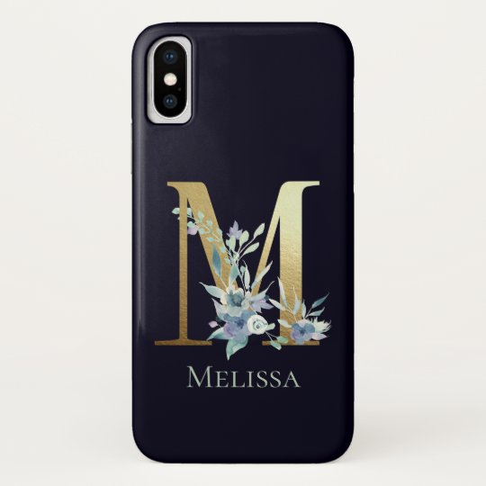 Gold Monogram Letter M Navy Blue Floral Name Case-Mate iPhone Case ...