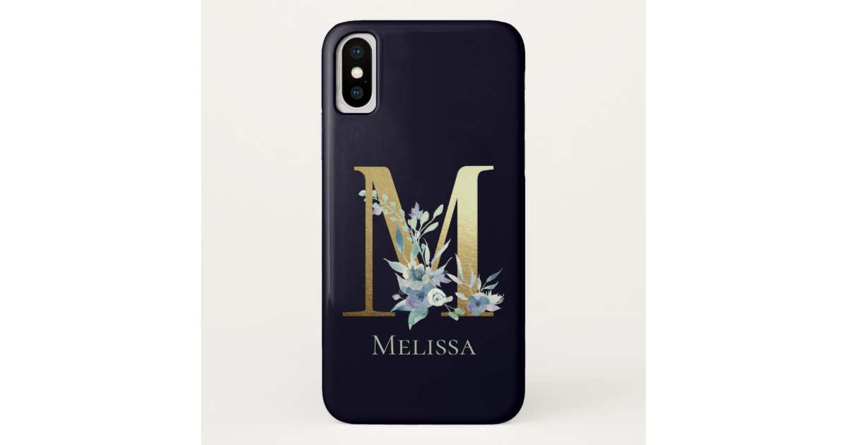 Gold Monogram Letter M Navy Blue Floral Name Case-Mate iPhone Case | Zazzle