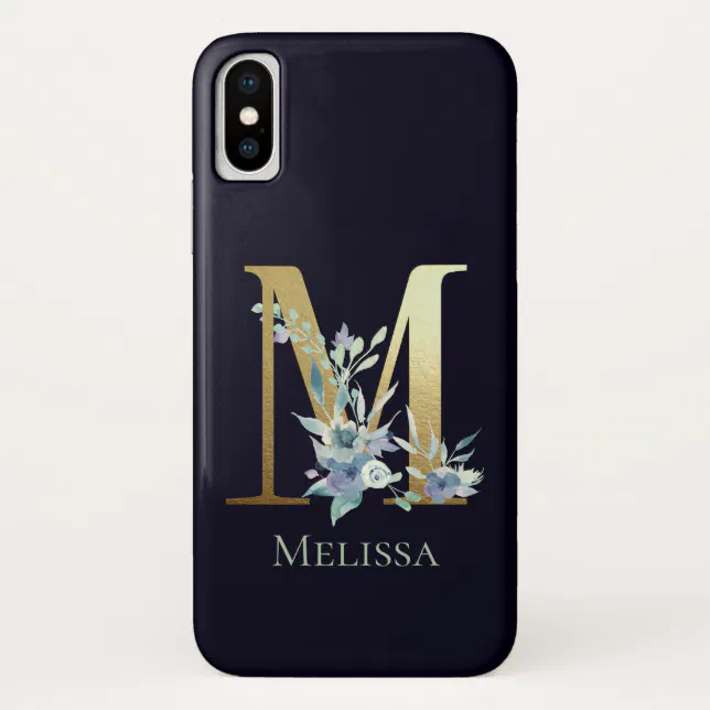 Gold Monogram Letter M Navy Blue Floral Name Case-Mate iPhone Case | Zazzle