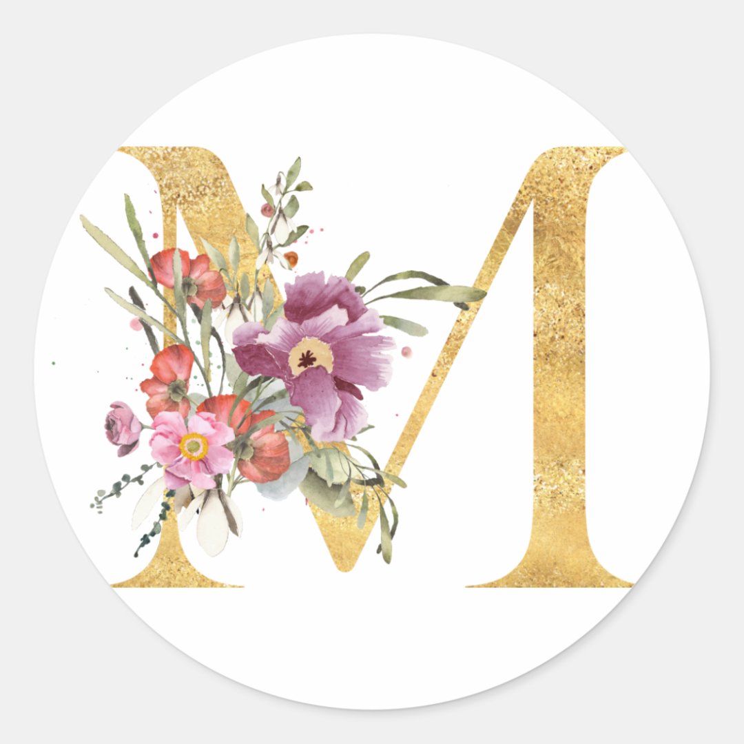 Gold MONOGRAM letter M with flower Classic Round Sticker | Zazzle