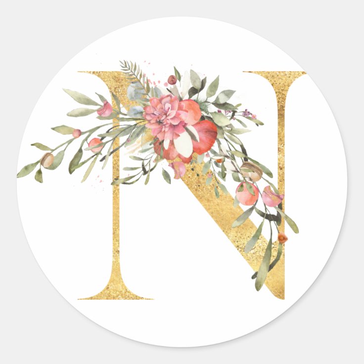 Gold MONOGRAM letter N with flower Classic Round Sticker | Zazzle
