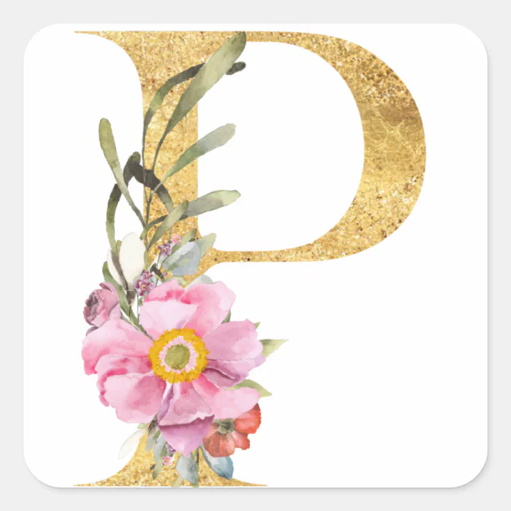 Gold MONOGRAM letter P with flower Square Sticker | Zazzle