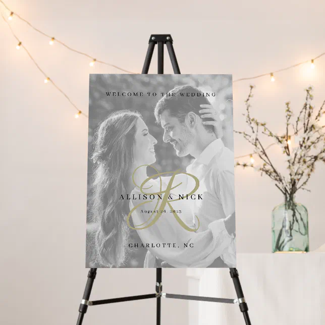 Gold Monogram Photo Wedding Welcome Sign | Zazzle