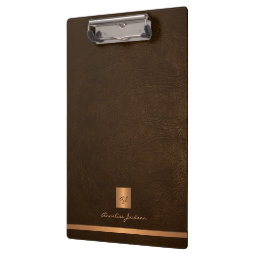 Gold monogrammed name script brown leather clipboard | Zazzle