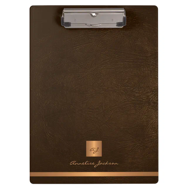 Gold monogrammed name script brown leather clipboard | Zazzle