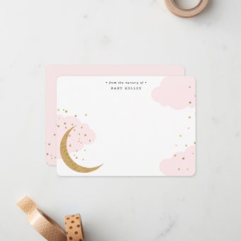 Gold Moon and Stars, Pink Clouds Baby Flat Note Card | Zazzle