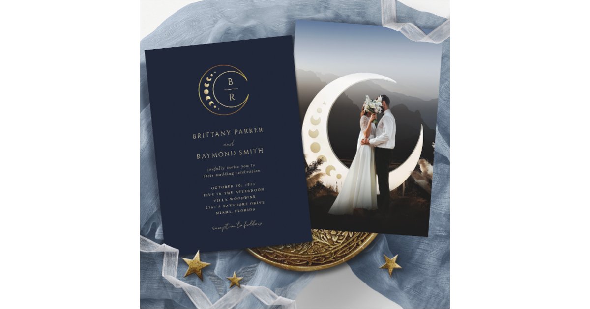 Gold Moon Blue Celestial Wedding Invitation | Zazzle