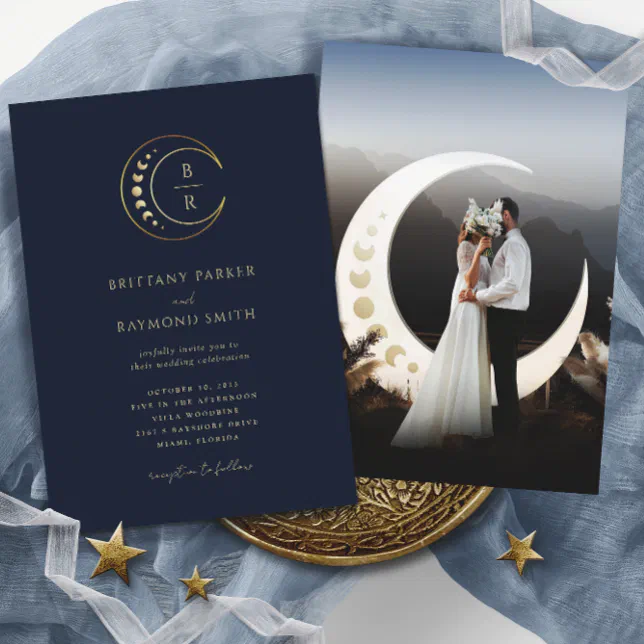 Gold Moon Blue Celestial Wedding Invitation | Zazzle