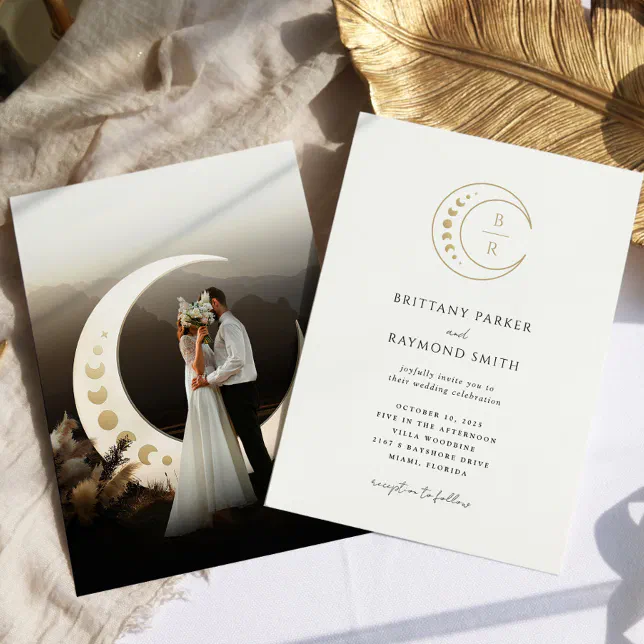 Gold Moon Celestial Photo Wedding Invitation | Zazzle