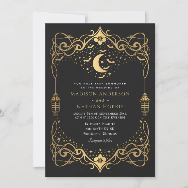 Gold Moon Gothic Bats Lantern Wedding Invitation | Zazzle