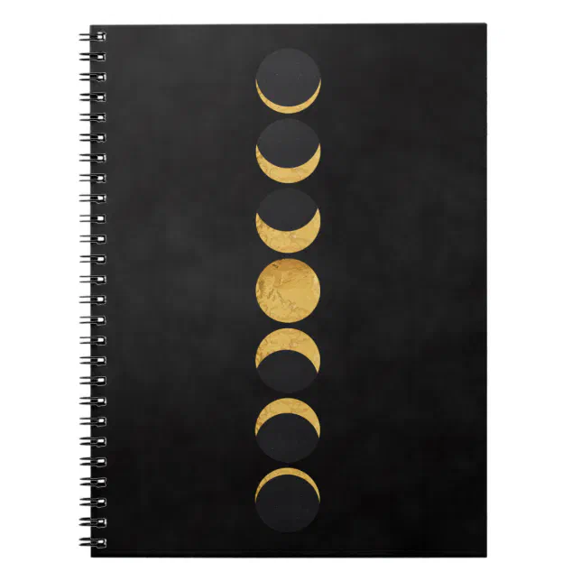 Gold moon phases black textured background notebook | Zazzle