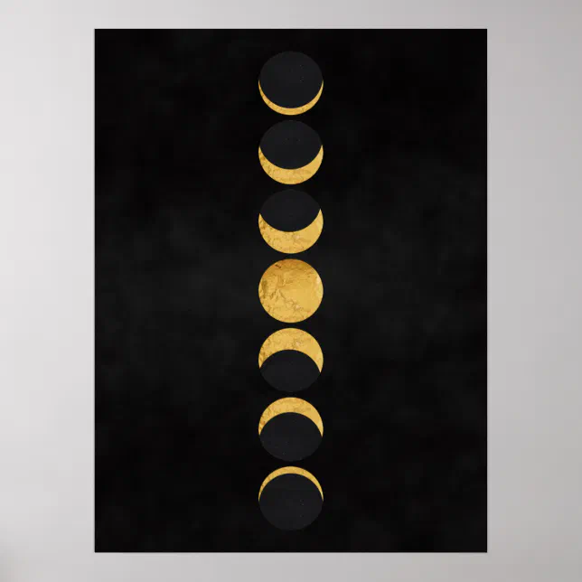 Gold moon phases black textured background poster | Zazzle
