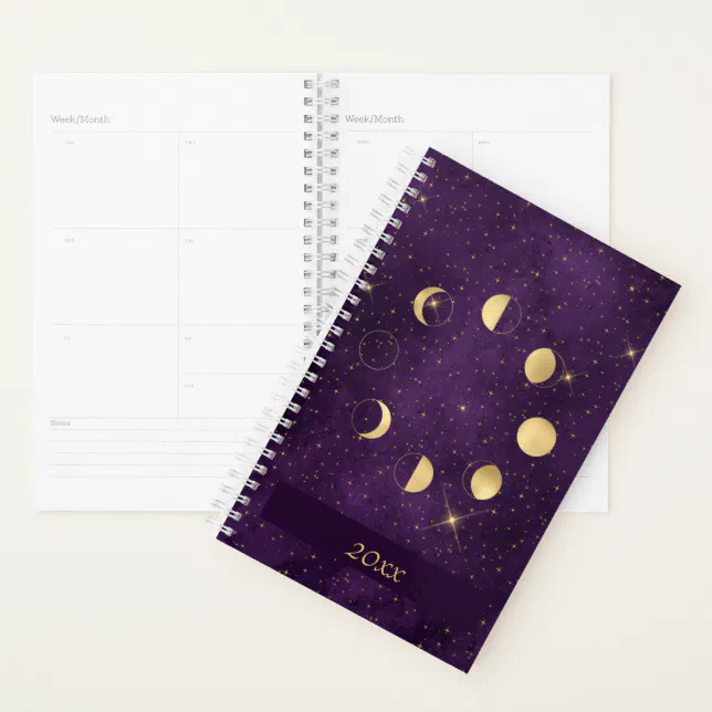 Gold Moon Phases on Purple Stars Planner | Zazzle