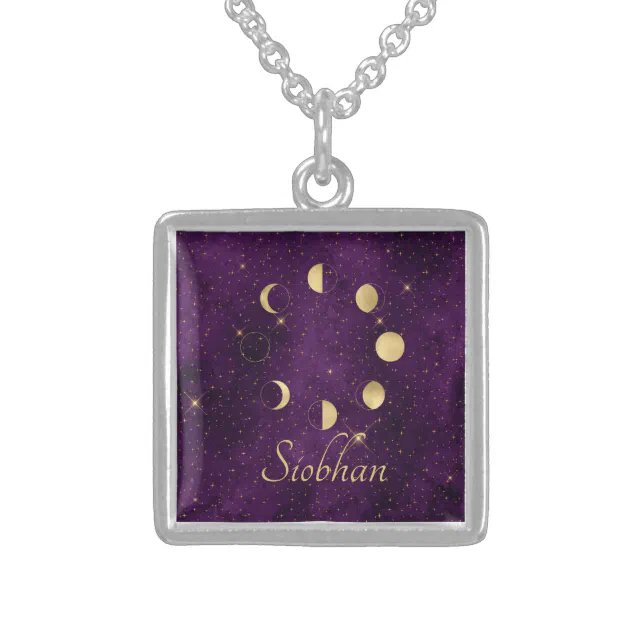 Gold Moon Phases Purple Stars Personalized Sterling Silver Necklace ...