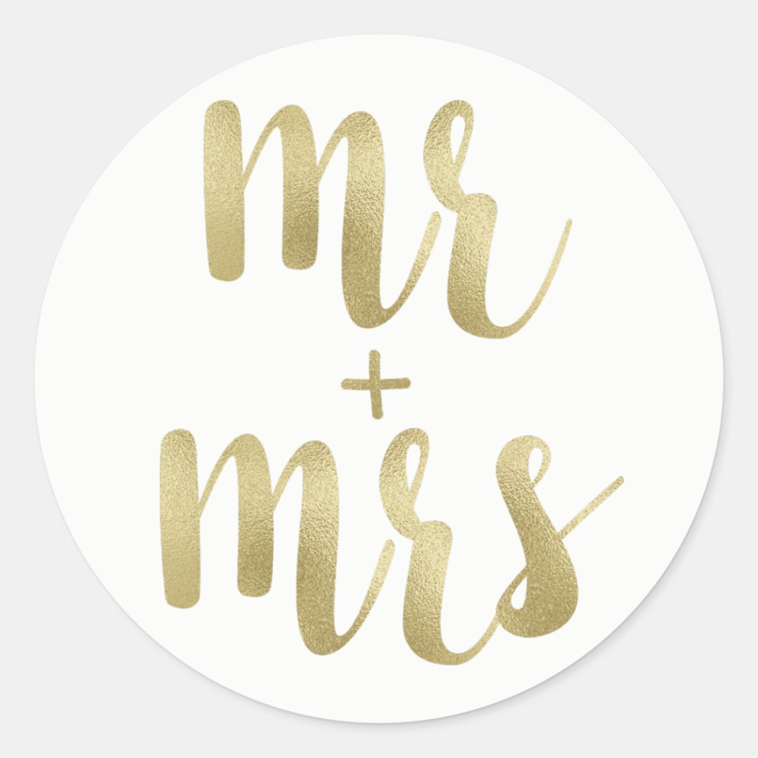 Gold Mr. & Mrs. stickers, foil, round Classic Round Sticker | Zazzle