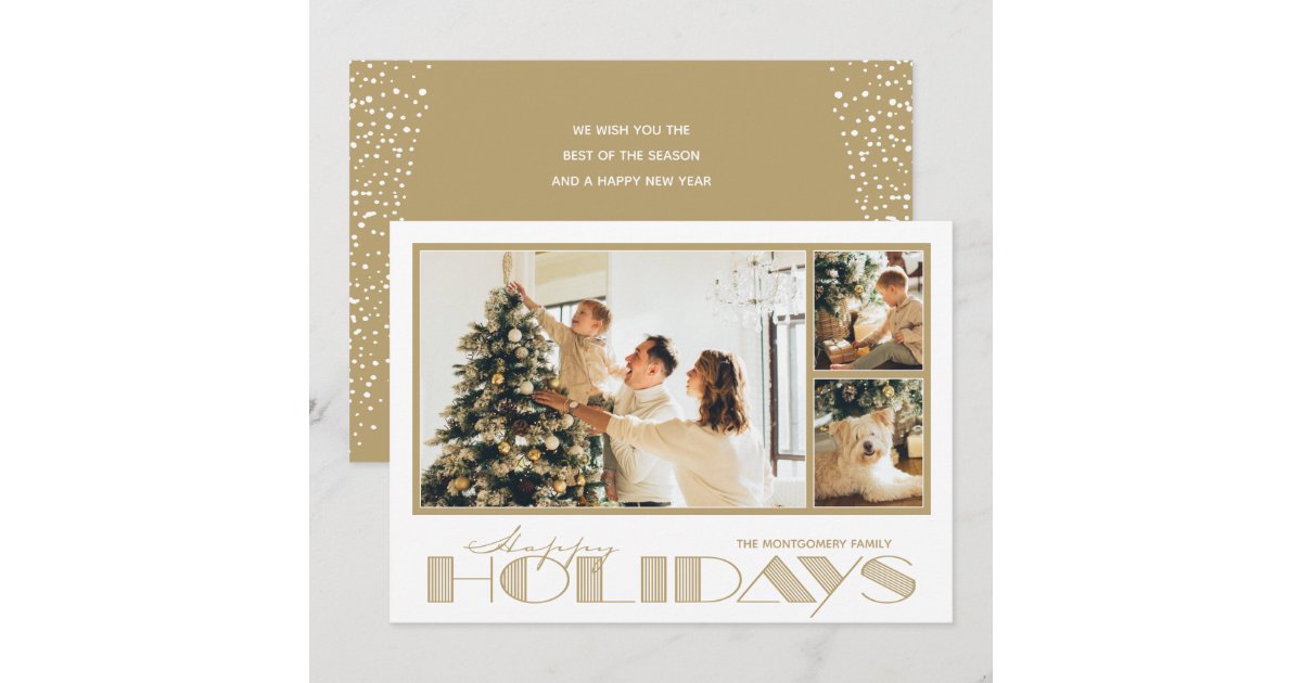 Gold Multiple Photo Happy Holiday Card | Zazzle