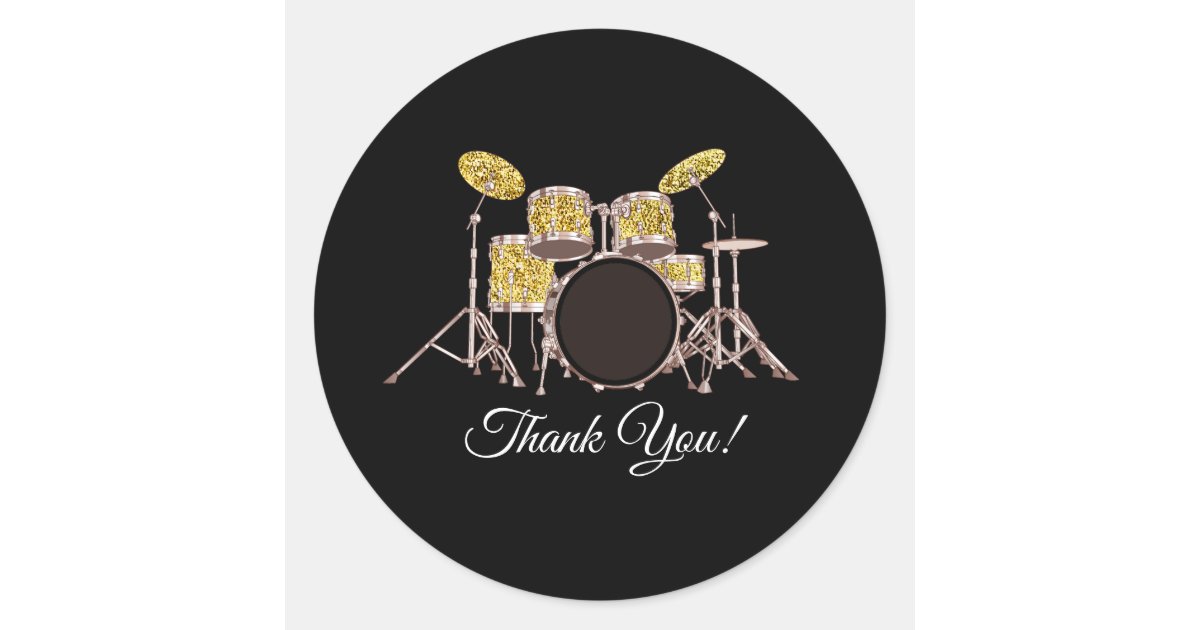 gold, music, drum set round sticker | Zazzle
