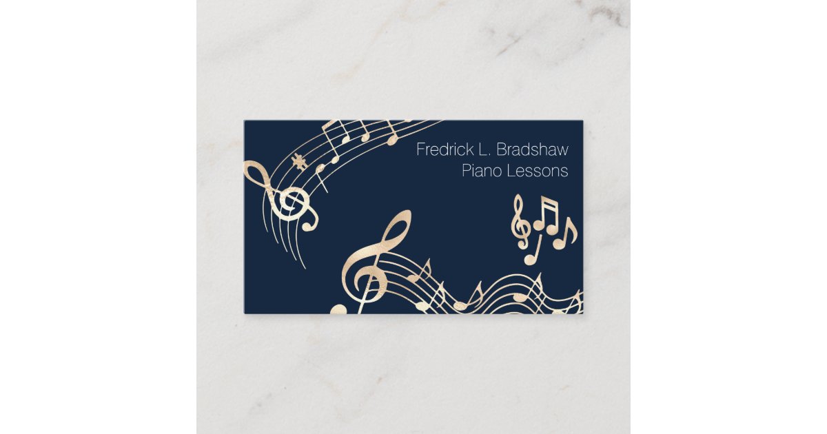 Gold Music Notes on Navy Blue Business Card | Zazzle